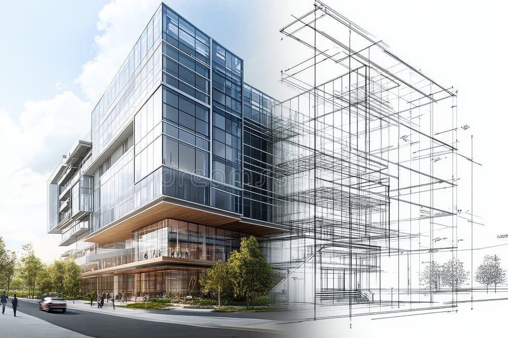 A Modern Building Design Juxtaposed with Architectural Blueprints Stock ...