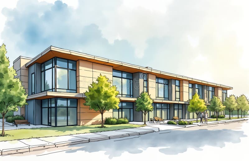 Modern Beige Office Building Green Trees Cityscape View Stock Photos ...