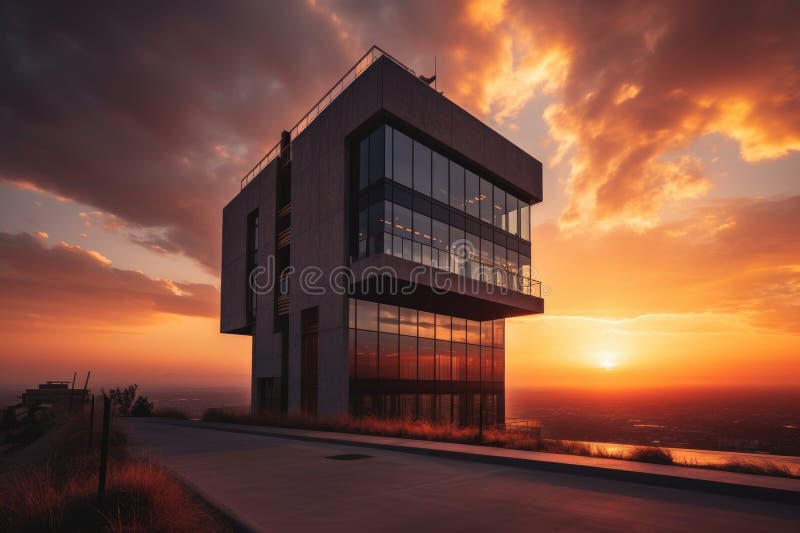 Modern Building with a Dramatic View of Sunset in the Background Stock ...