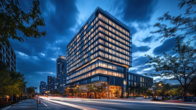 Modern Building at Dusk with Illuminated Windows and Dramatic Clouds ...