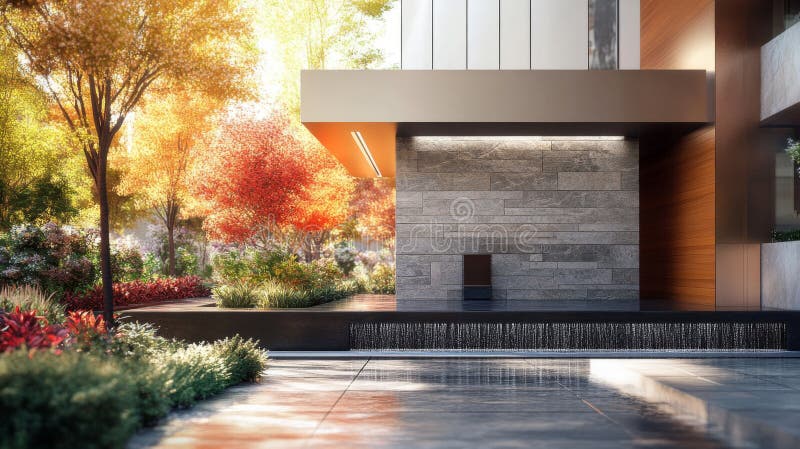 Modern Building Entrance with Autumnal Landscape Stock Illustration ...
