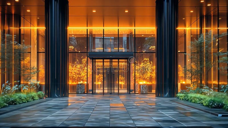 Modern Building Entrance Design Illuminated by Warm Lights, Featuring ...