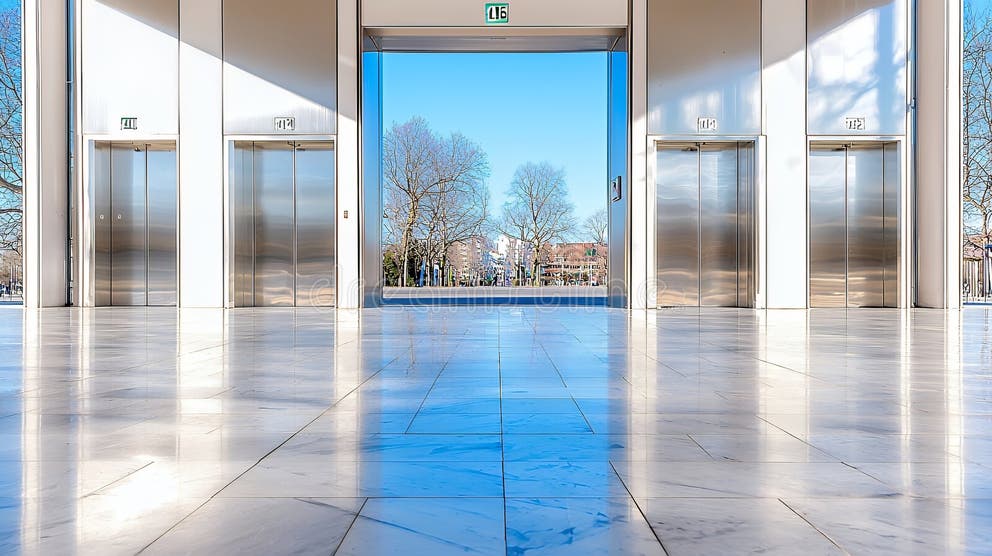 Modern Building Entrance with Elevators and Architectural Design on a ...
