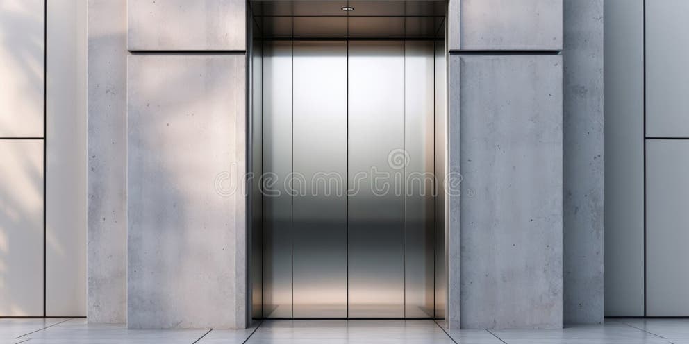 A Modern Building Entrance Featuring a Metallic Elevator Front and ...