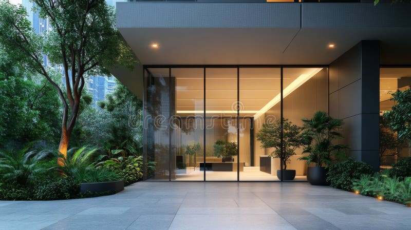 Modern Building Entrance with Greenery at Night Stock Illustration ...