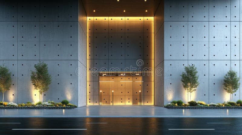 Modern Building Entrance at Night with Reflective Surface Stock Photo ...