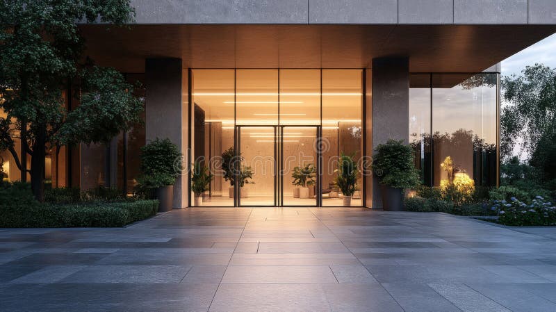 Modern Building Entrance at Night with Warm Lighting Stock Illustration ...