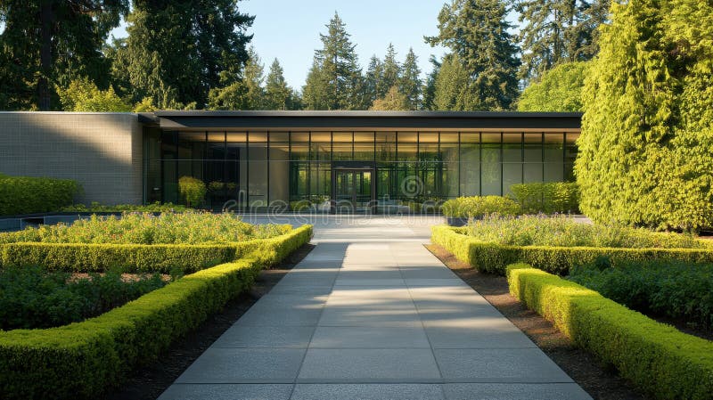 Modern Building Entrance Surrounded by Landscaped Gardens and Greenery ...
