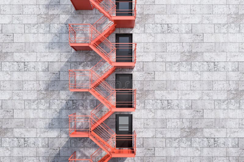 Gray Bricks Building, Red Fire Escape Stairs Stock Illustration ...