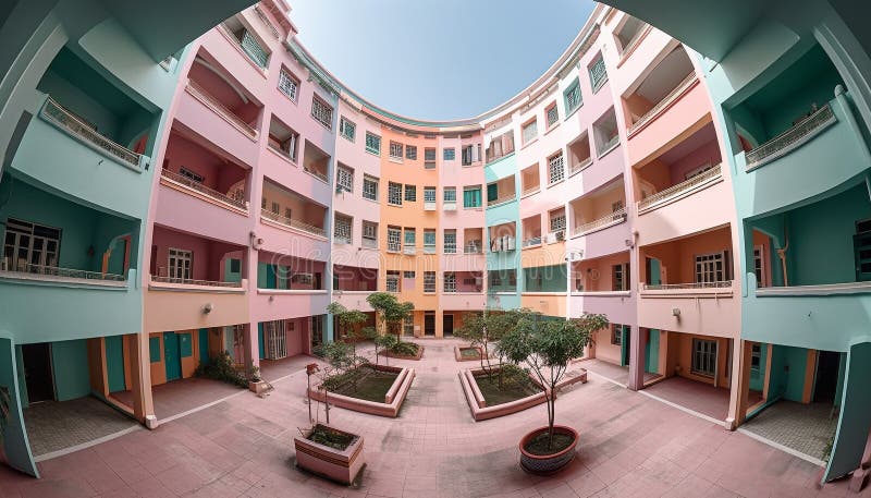 The Modern Building Exterior Features a Multi Colored Facade and ...