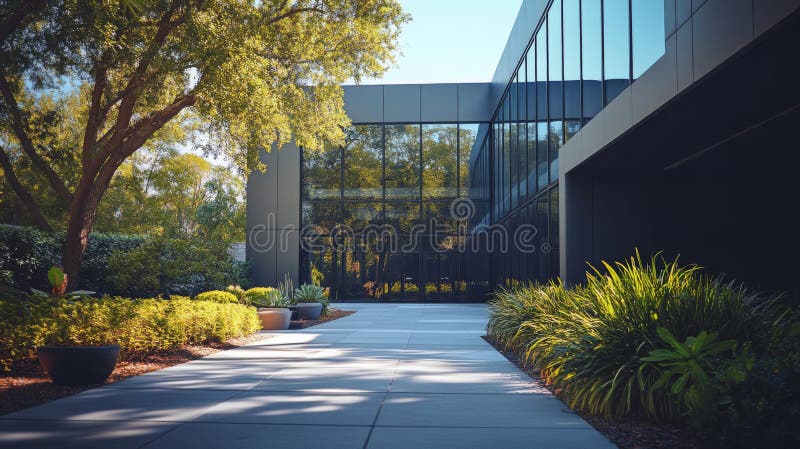 Modern Building Exterior with Green Landscaping and Pathway Stock ...
