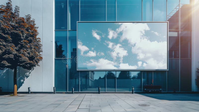 Modern Building Exterior with Large Digital Screen Displaying Clouds ...