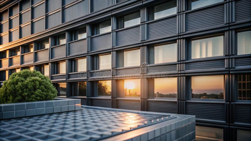 Modern Building Exterior with Large Windows Reflecting the Setting Sun ...