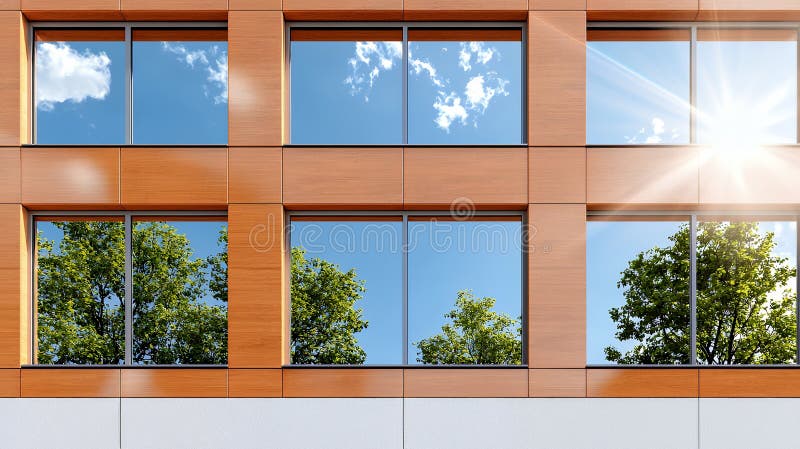 Modern Building Exterior with Sky and Trees Reflected in Windows Stock Illustration ...