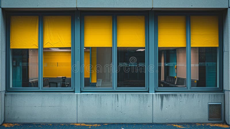 A Modern Building Exterior with Three Windows with Yellow Blinds Chairs ...
