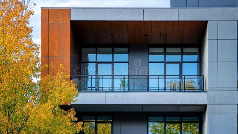 Modern Building Facade with Balcony and Fall Foliage Stock Illustration ...