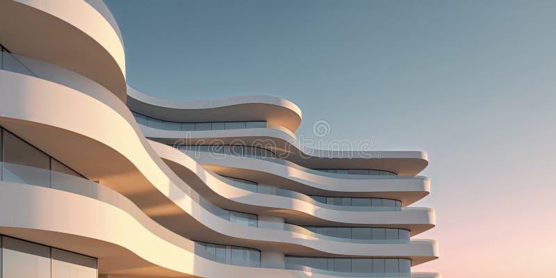 Modern Building Facade with Curved Balconies and Warm Sunset Lighting ...