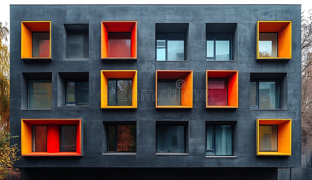 Modern Building Facade Dark Gray Concrete Wall, Orange & Red Square ...