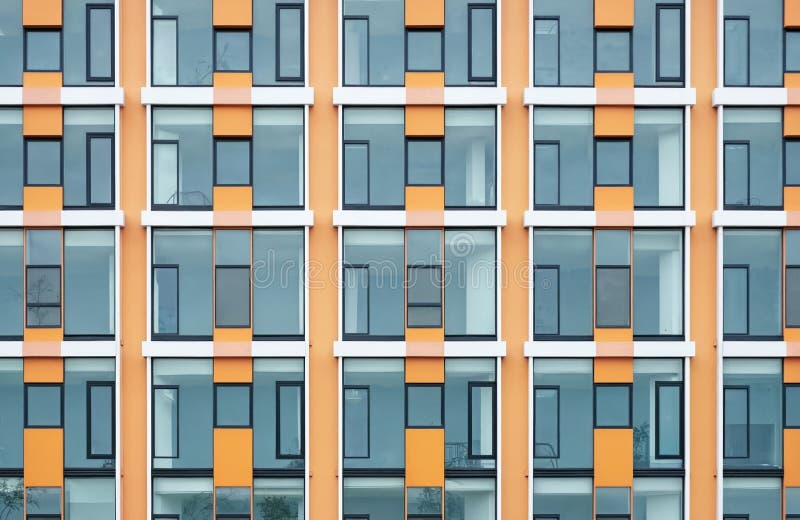 Modern Building Facade Features Regular Pattern of Windows. Orange ...