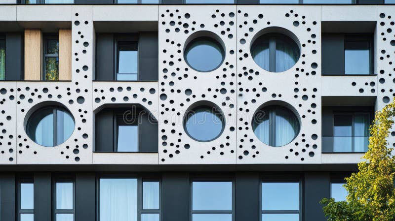 Modern Building Facade Featuring Black and White Geometric Circles in ...