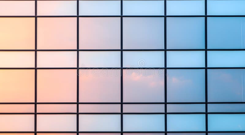 Modern Building Facade with Geometric Window Grid Reflecting Sunset ...