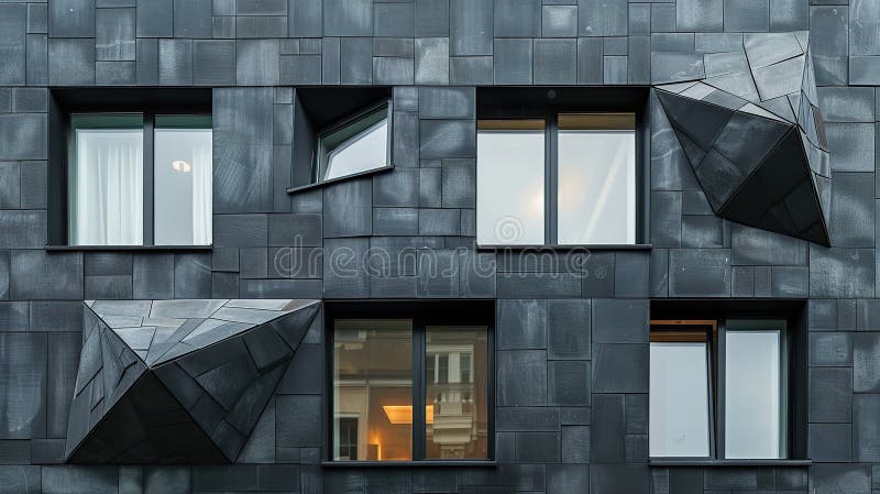 A Modern Building Facade with Geometric Windows and a Dark Tiled ...