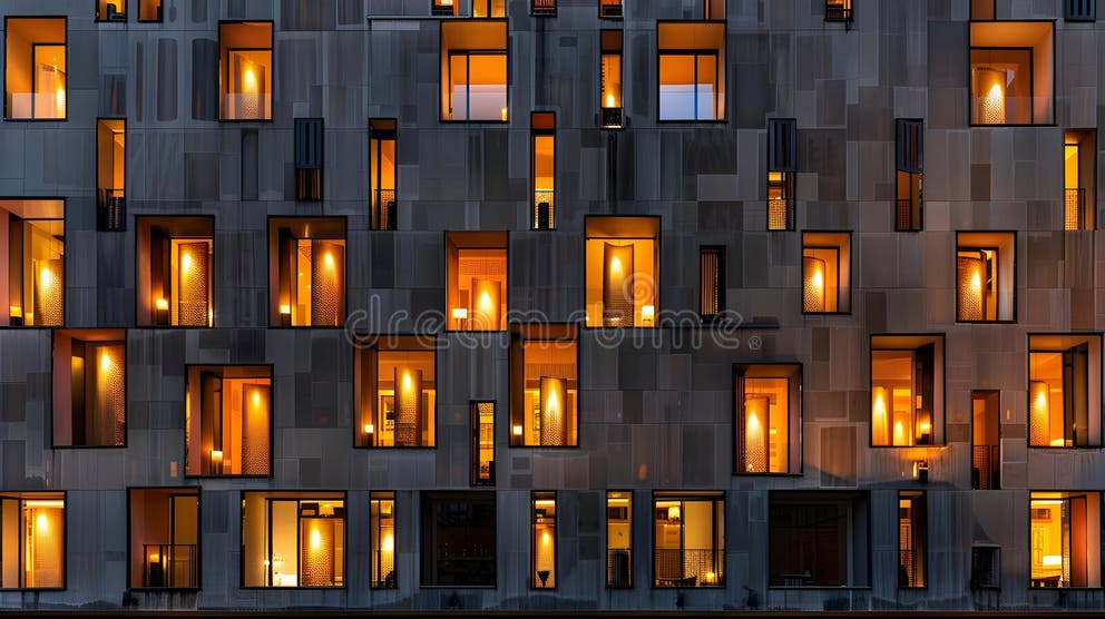 A Modern Building Facade Illuminated from within, Showcasing a Grid of ...