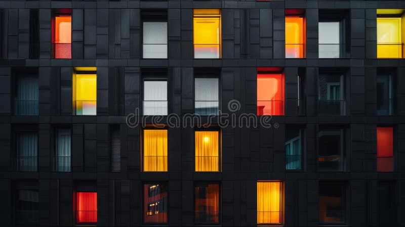 Modern Building Facade with Illuminated Windows at Night Stock Image ...