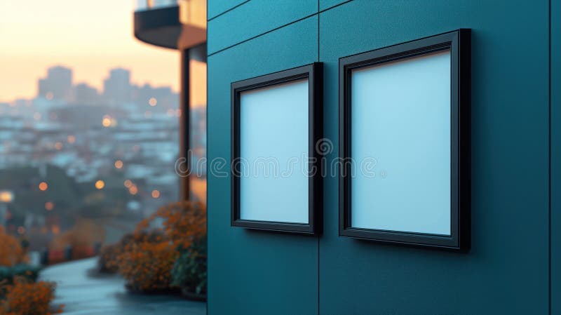 Modern Building Facade Shows Two Empty Frames for Advertising Artwork ...