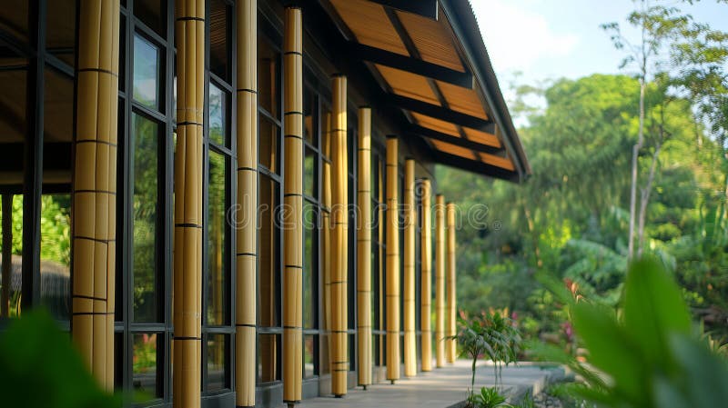 A Modern Building Features Tall, Vertically Aligned Bamboo Columns in ...