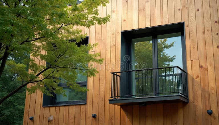 Modern Building Featuring Light Wood Siding, Black Framed Windows ...