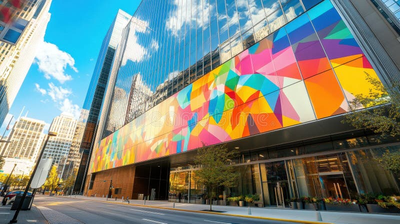 A Modern Building Featuring a Vibrant Abstract Mural on Its Facade ...
