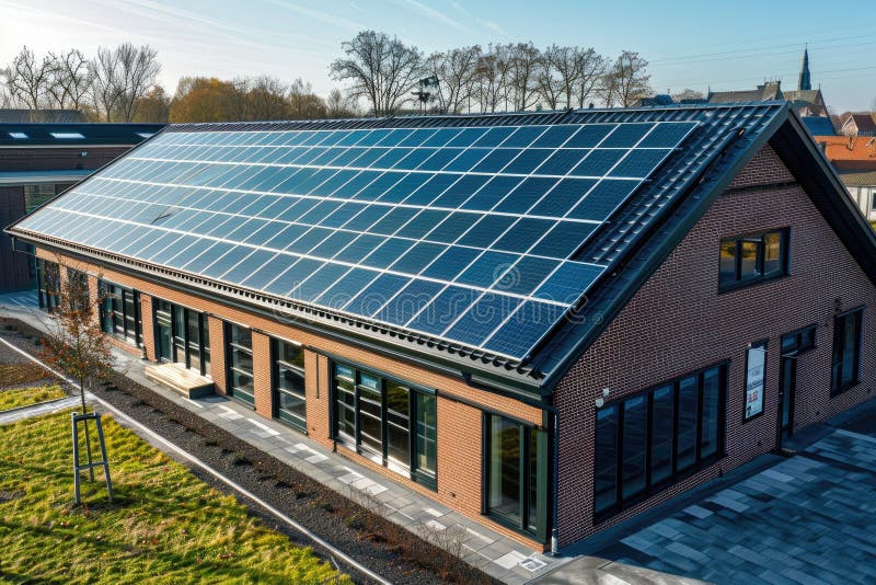 A Modern Building Fitted with an Extensive Array of Solar Panels ...