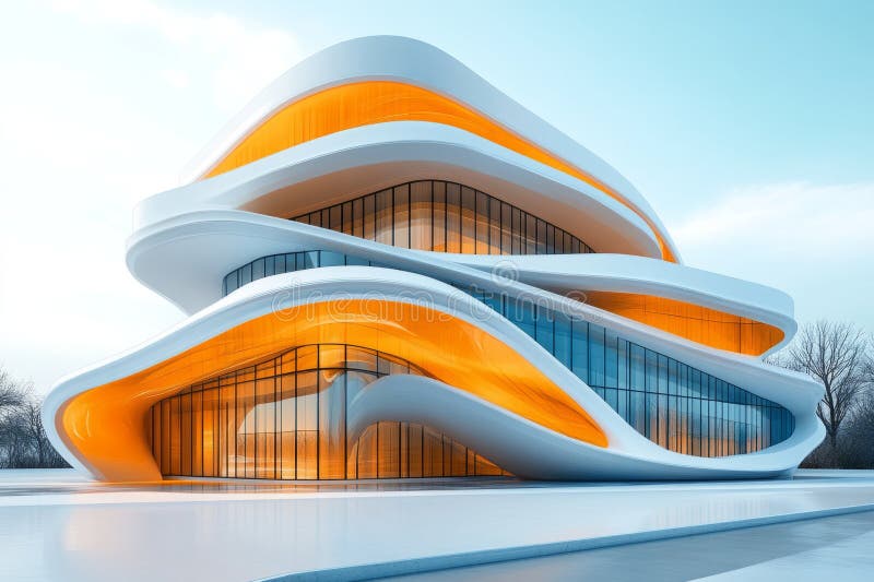 Modern Building with Flowing Orange and White Curves Stock Image ...