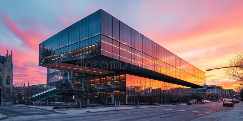 A Modern Building with Glass Facade Reflecting a Colorful Sunset Stock ...