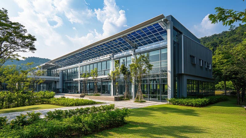 Modern Building with Glass Facade and Solar Panels Surrounded by ...