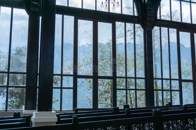 Modern Building Glass Window Wall with Green Trees and Blue Sky Stock ...