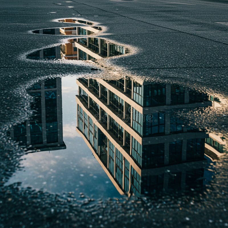 A Modern Building with Glass Windows is Reflected in a Puddle on an ...