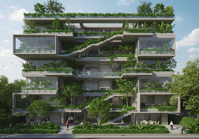 Modern Building with Greenery and Open Staircases Stock Illustration ...