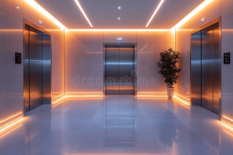Modern Building Hallway with Illuminated Elevators and Polished Floor ...