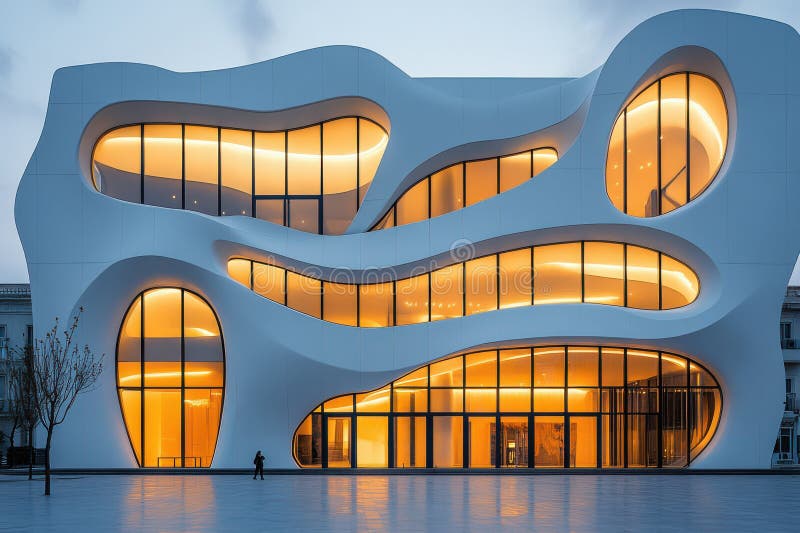 Modern Building Illuminated at Dusk Curvy Design Warm Light Stock ...