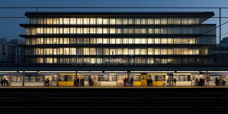 A Modern Building Illuminated at Night, Adjacent To a Busy Train ...