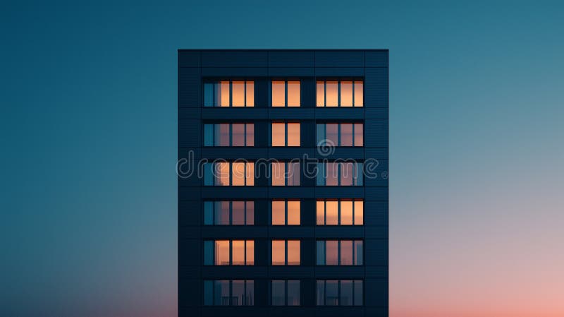 Modern Building with Illuminated Windows at Dusk, Showcasing Serene ...