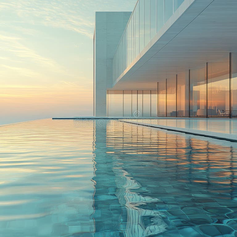 Modern Building with an Infinity Pool at Sunset. Stock Image - Image of ...