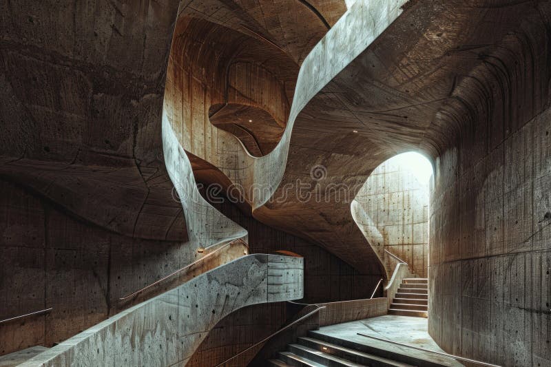 Modern Building Interior with Concrete Curved Walls and Stairs Stock ...