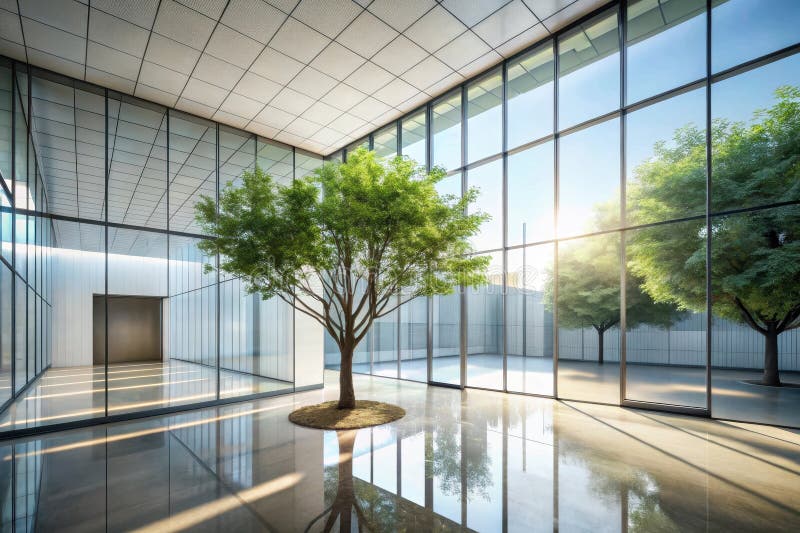 Modern Building Interior Design Showcasing a Vibrant Tree in a Sunlit ...