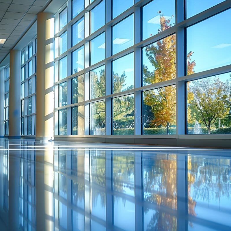 Modern Building Interior with Large Windows and Reflections Stock ...
