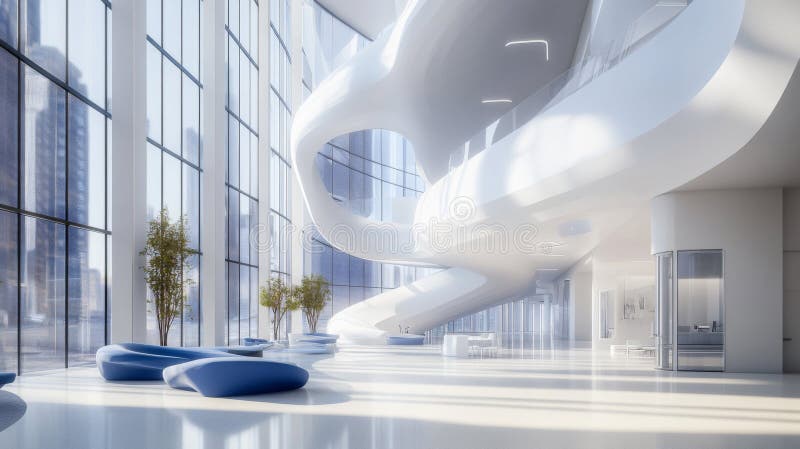 Modern Building Interior with White Curved Staircase Stock Illustration ...