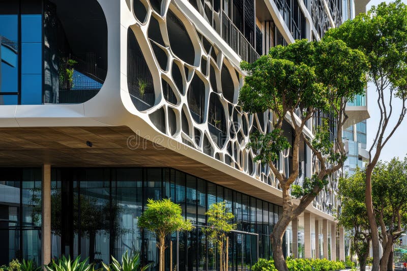 Modern Building with Intricate Facade and Surrounding Greenery Stock ...