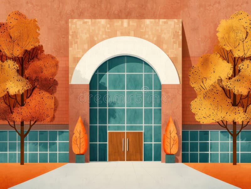 A Modern Building with a Large Arched Entrance Surrounded by Fall ...